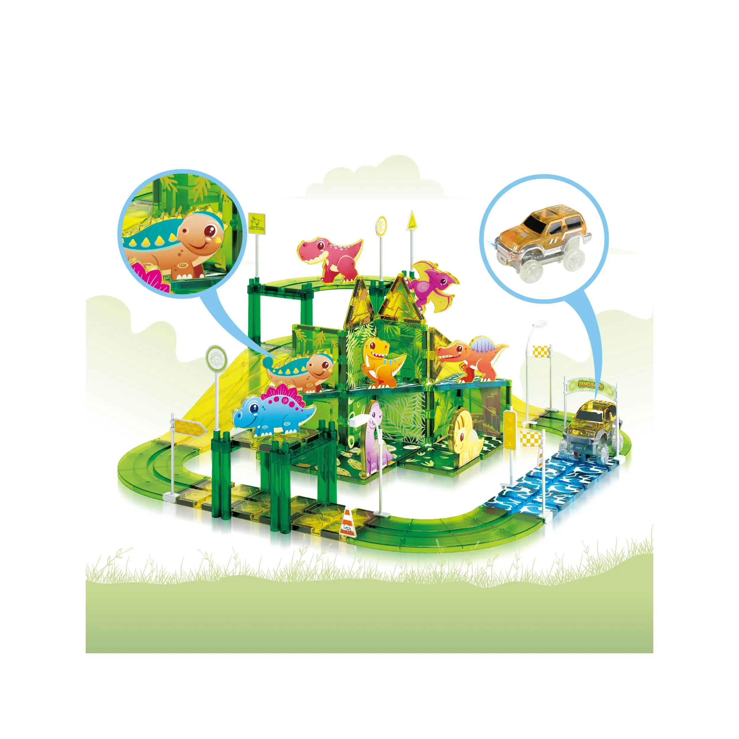 PicassoTiles Magnetic Tile Dinosaur Race Car Track Set - Play & Dream