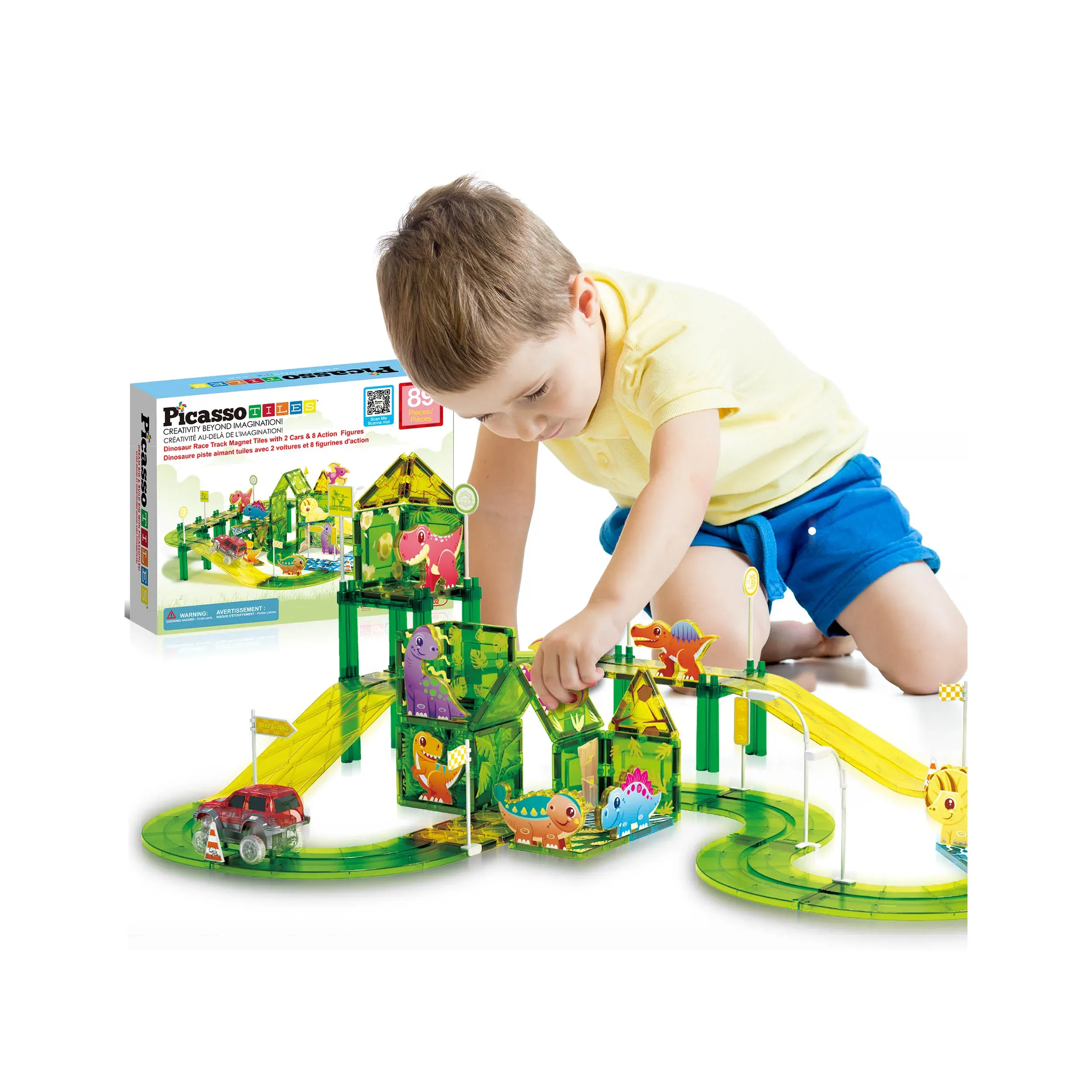 PicassoTiles Magnetic Tile Dinosaur Race Car Track Set - Play & Dream